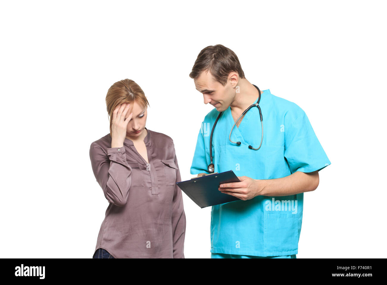 Male doctor interrogates a woman patient. Isolated white background ...