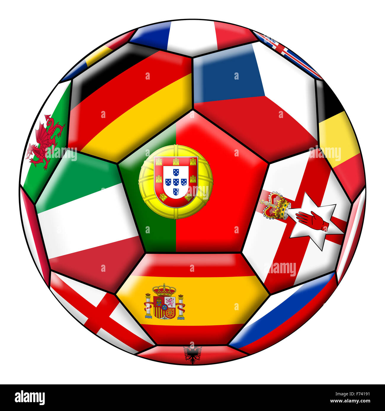 Soccer ball on a white background with flag of Portugal in the center ...