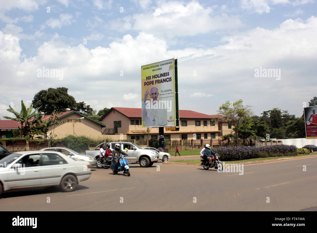 Kampala, Uganda. 25th Nov. 2015. A billboard welcomes Pope Francis to ...