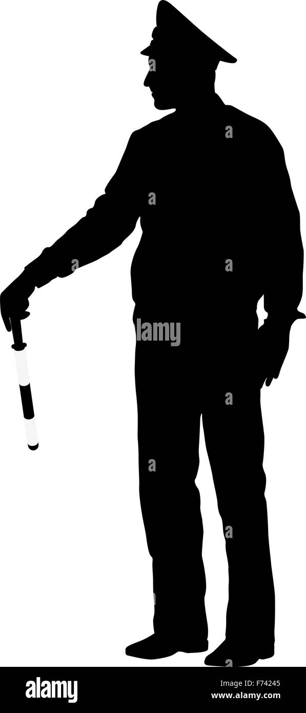 Black silhouettes Police officer with a rod on white backgroun Stock ...
