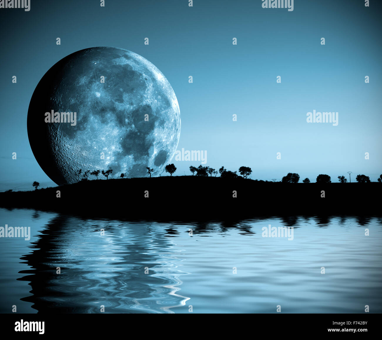 Night landscape with full moon and lake Stock Photo - Alamy