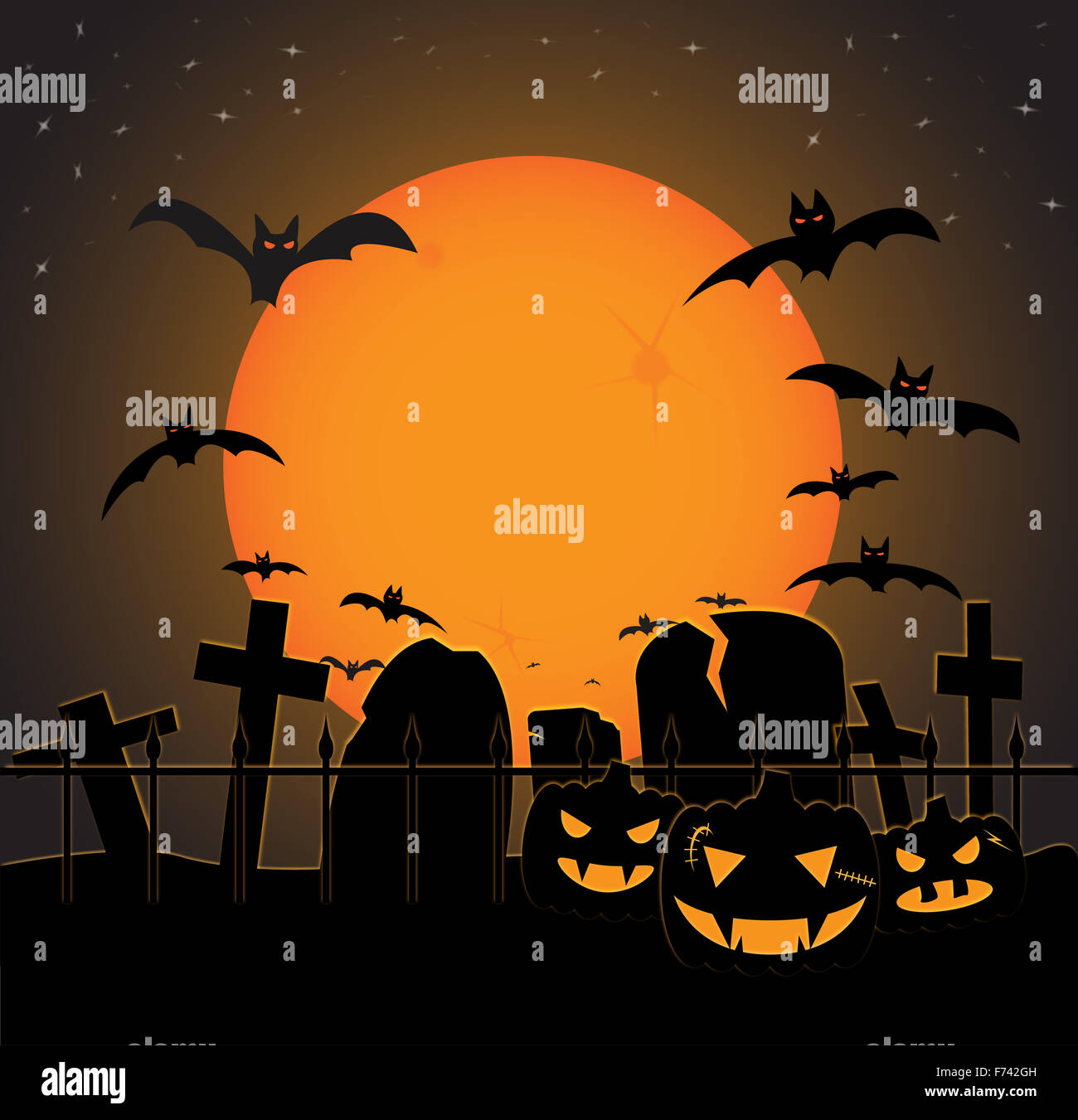 A halloween graveyard scene in orange at night with bats and pumpkins ...