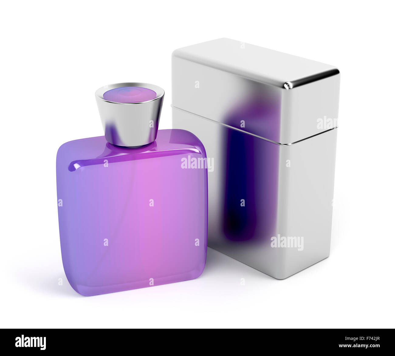 Unisex purple perfume bottle and metal packaging box Stock Photo - Alamy