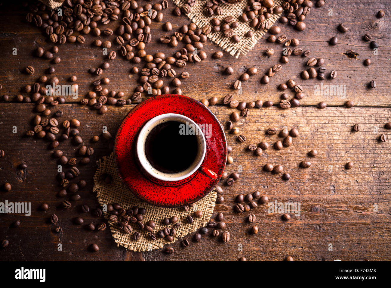 Top view of coffee cup and coffee beans Stock Photo - Alamy