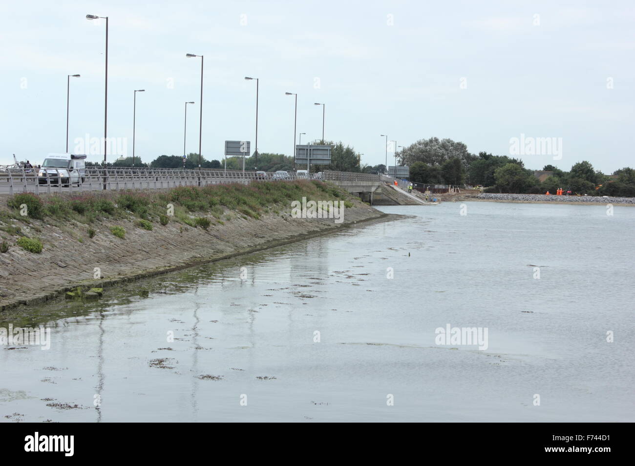 Building a seawater tidal defence along the waters edge in Portsmouth, England,9th September ...
