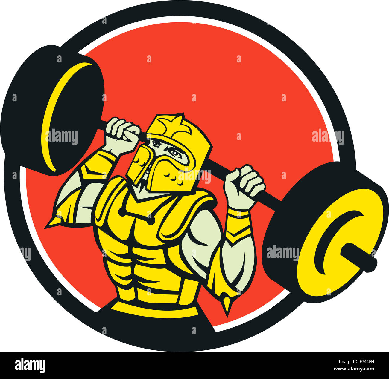 Illustration of knight in full armor lifting barbell looking up set ...