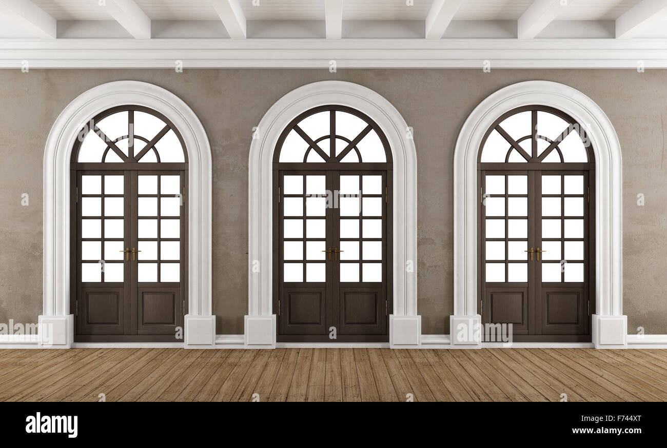 Classic interior with three wooden arch windows - 3D Rendering Stock ...