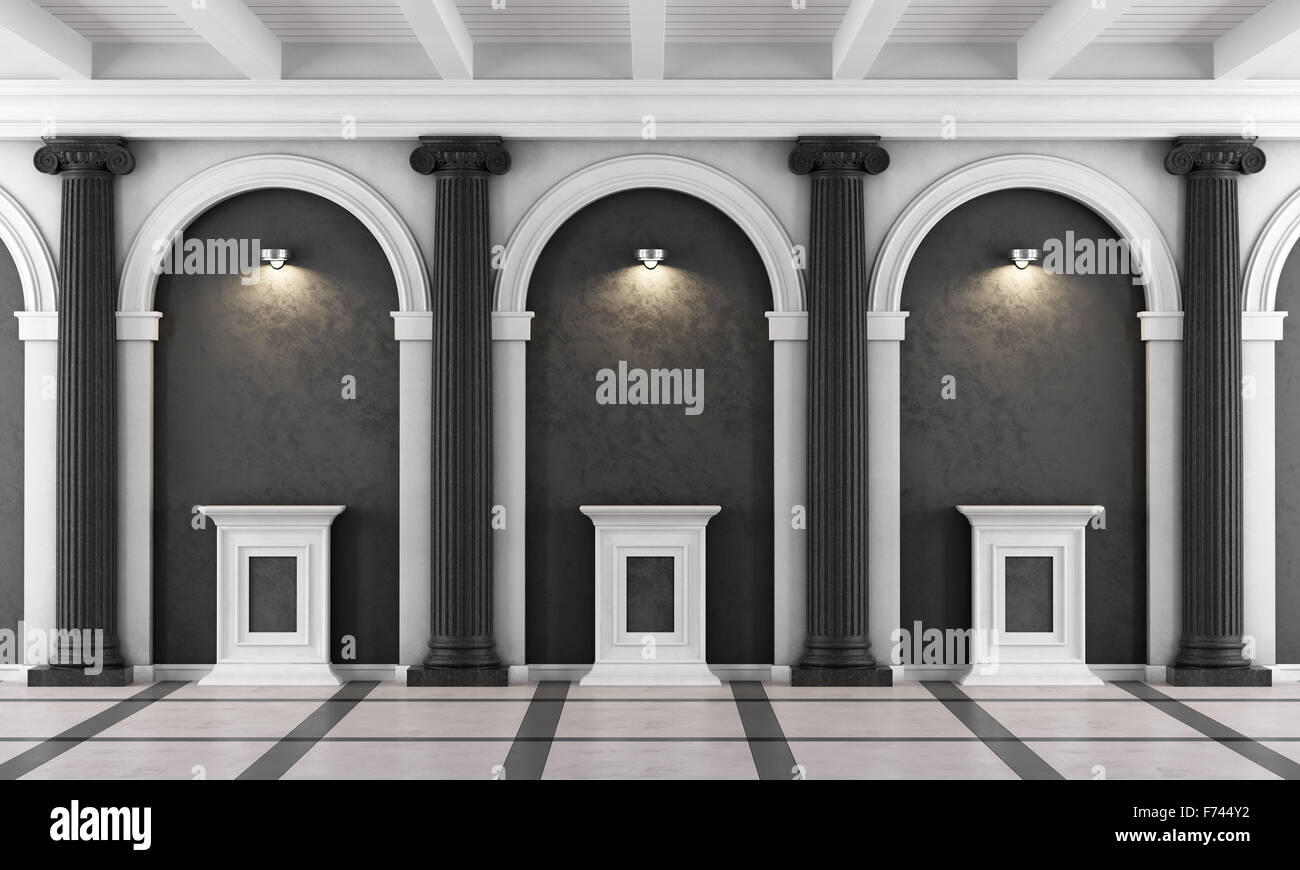 Black and white classic museum with ionic column and pedestal ...