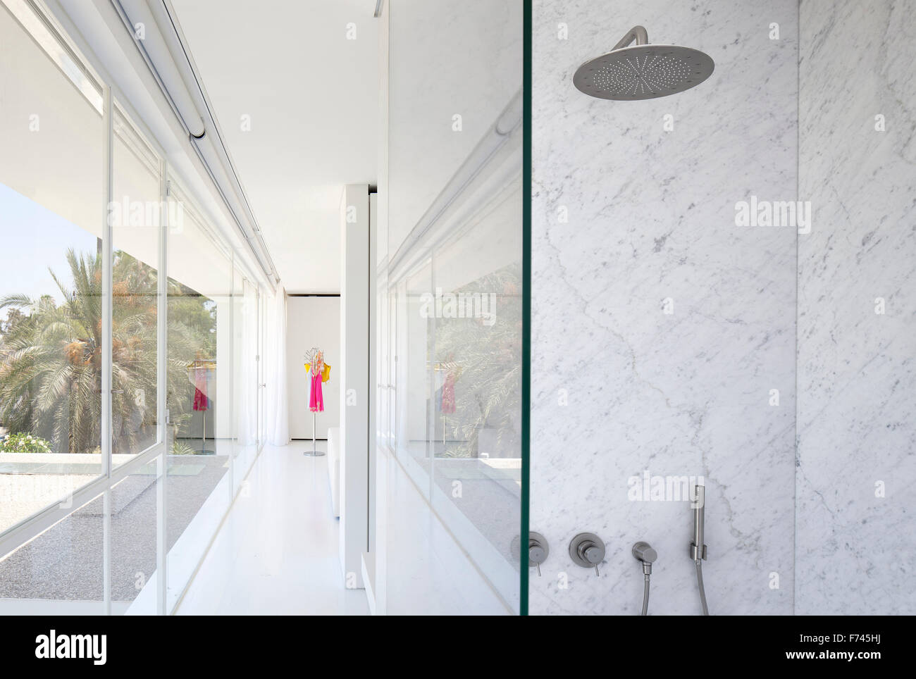 Shower room and hallway in modern white house, Israel, Middle East ...