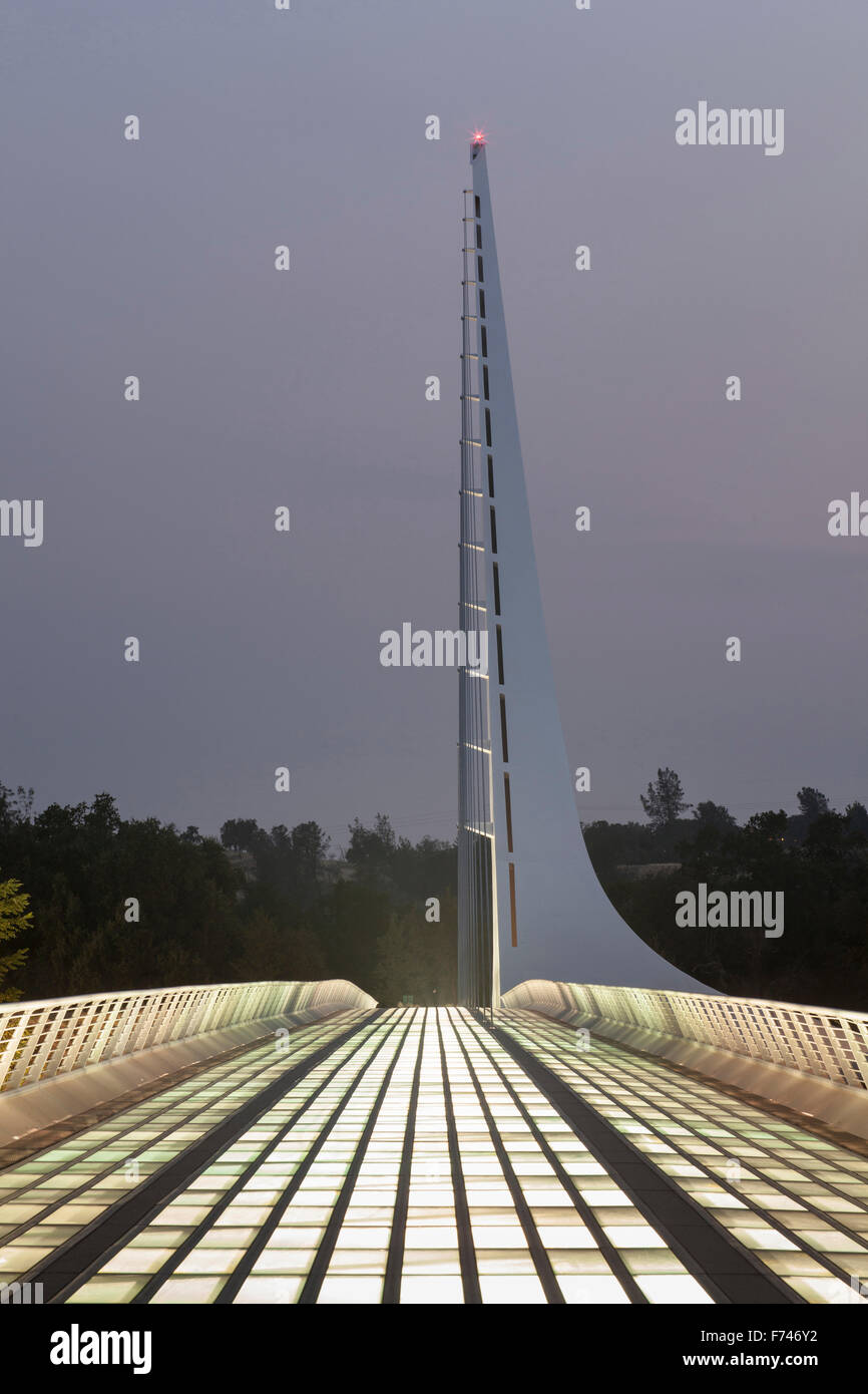 Sundial Bridge at Turtle Bay lit at dusk, Santiago Calatrava, 2004 ...