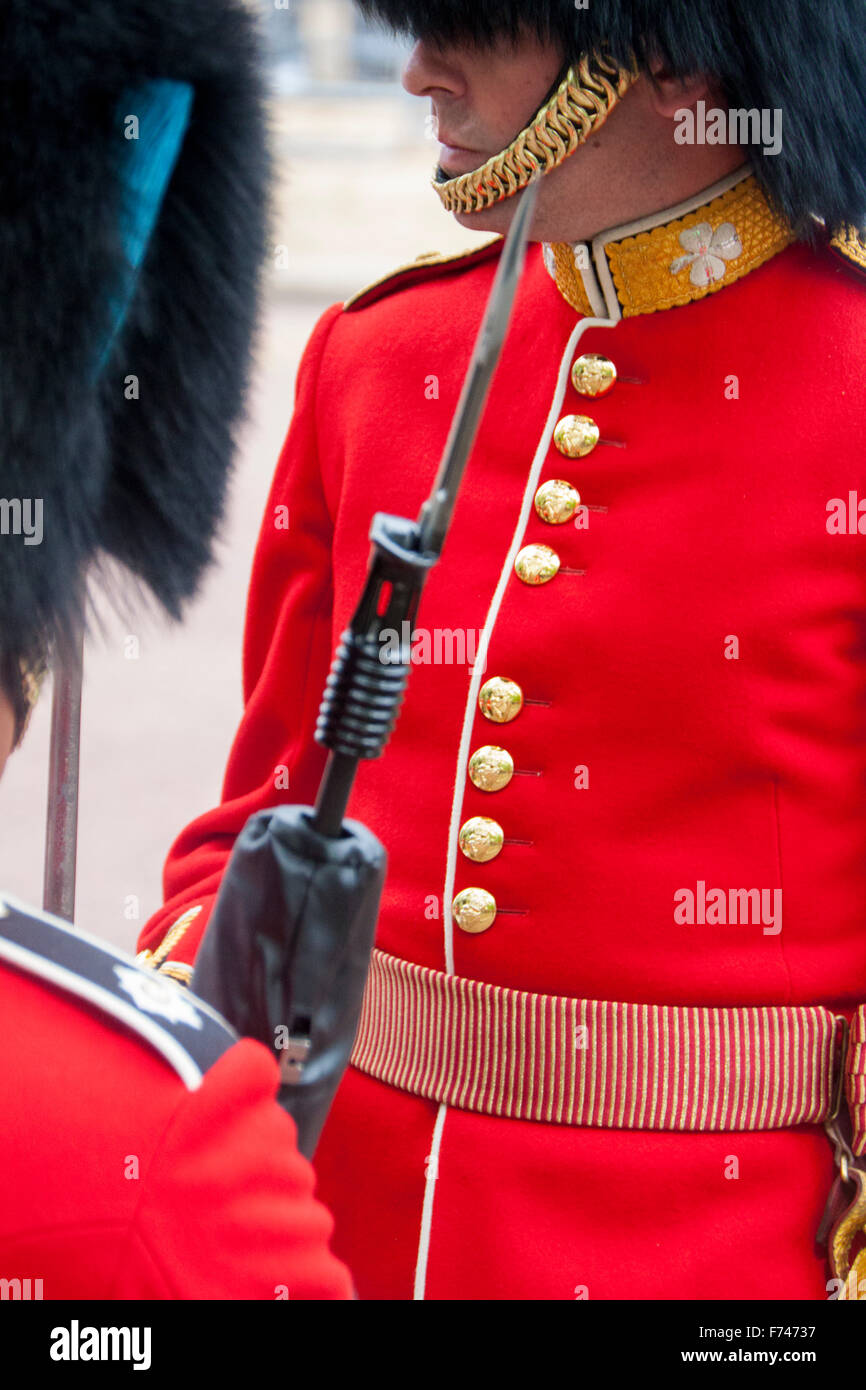 Trooping the Colour Irish Guards officer in red uniform and bearskin ...