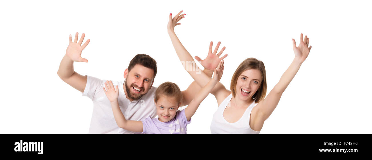 A happy family isolated on white background. hands raising up Stock ...