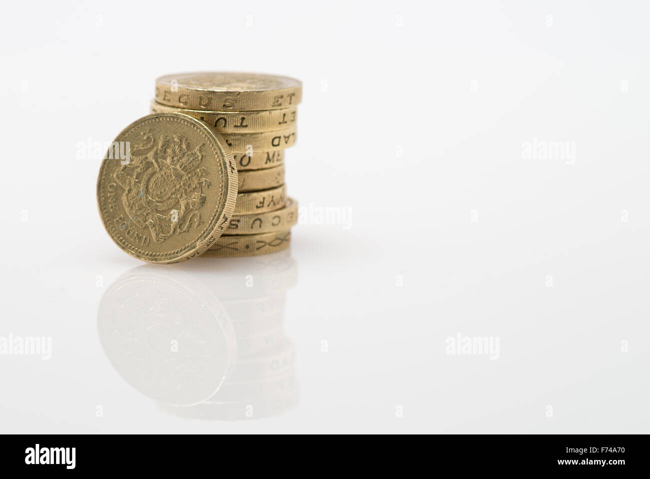 British Sterling one pound coins isolated on a white background with ...