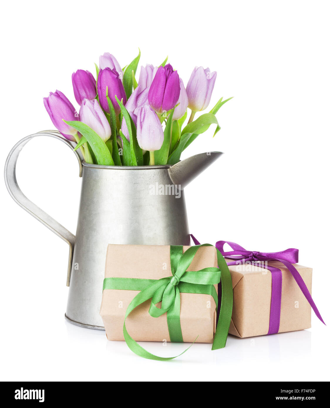 Purple tulip bouquet in watering can and gift boxes. Isolated on white ...
