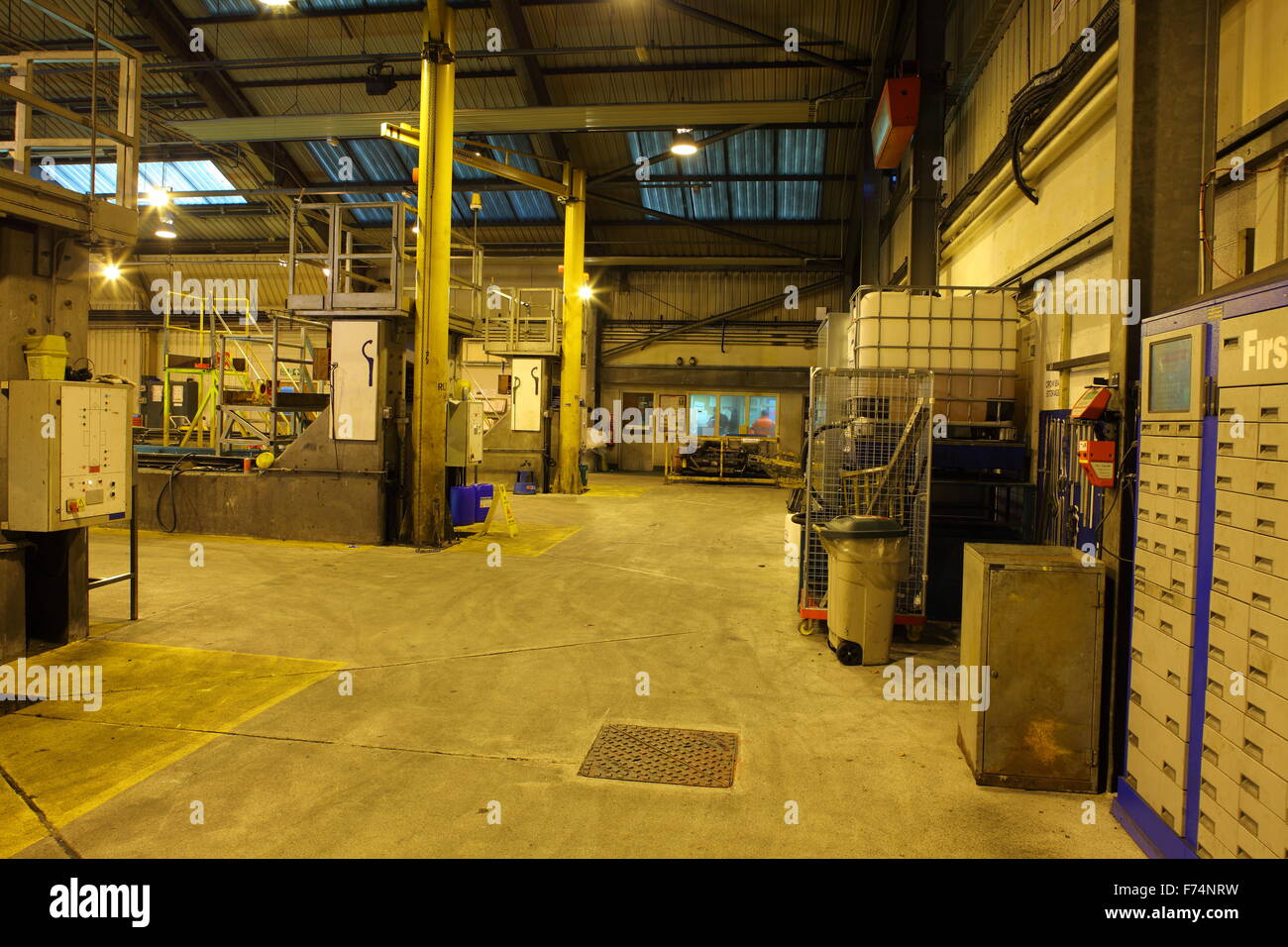 A view across the workshop with the train stop blocks on the left and ...