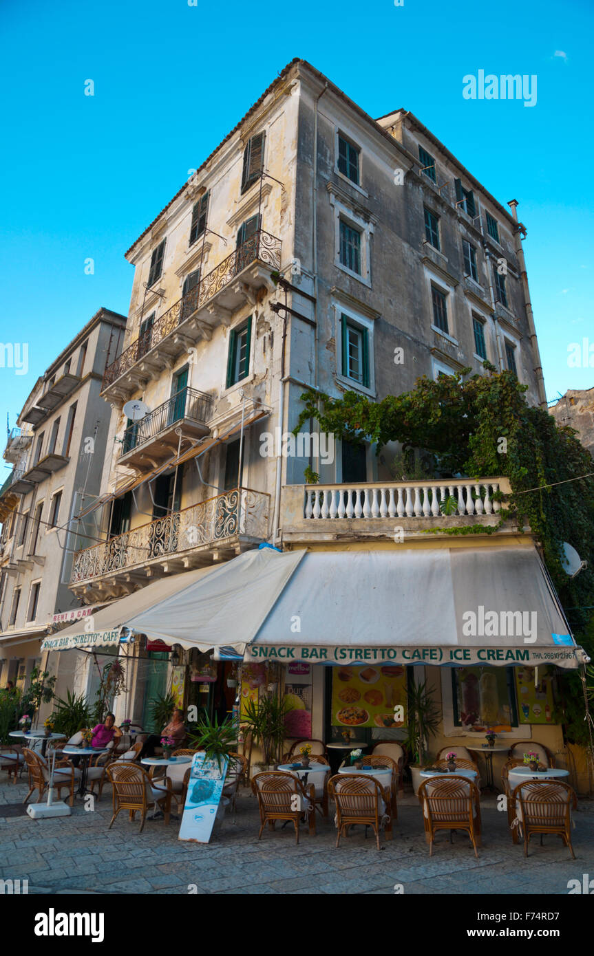 Restaurant terraces, Old Port square, Corfu town, Kerkyra, Corfu Island ...