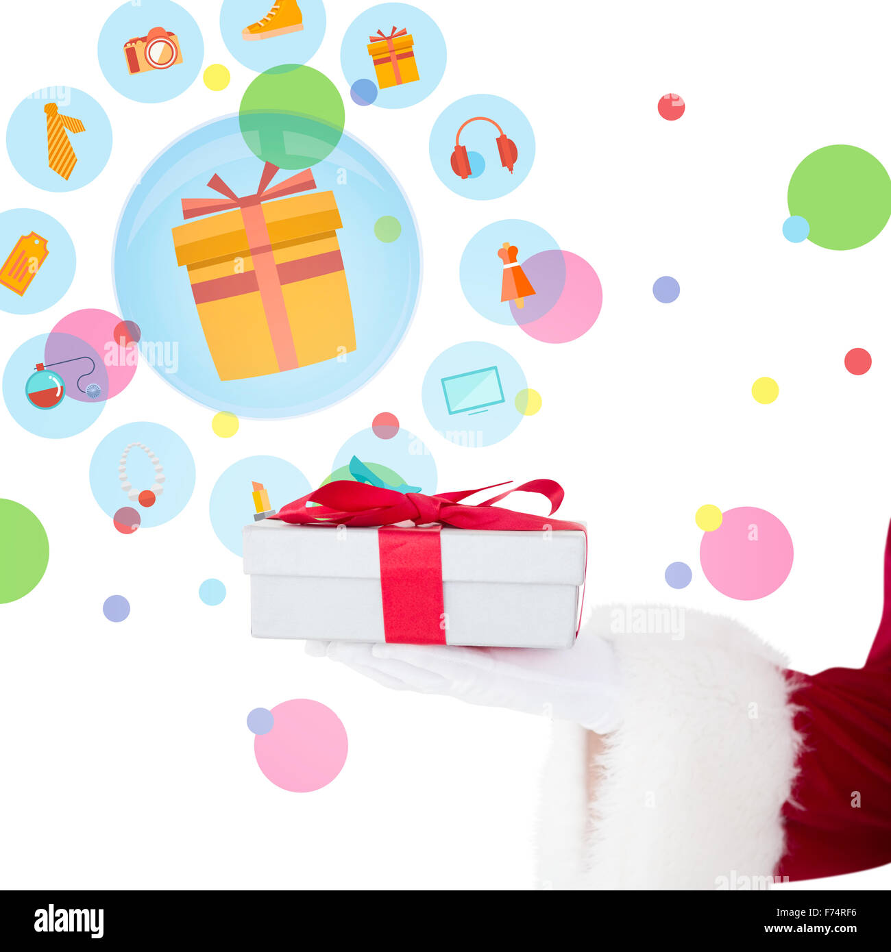 Composite image of santa claus showing gift with red ribbon Stock Photo ...
