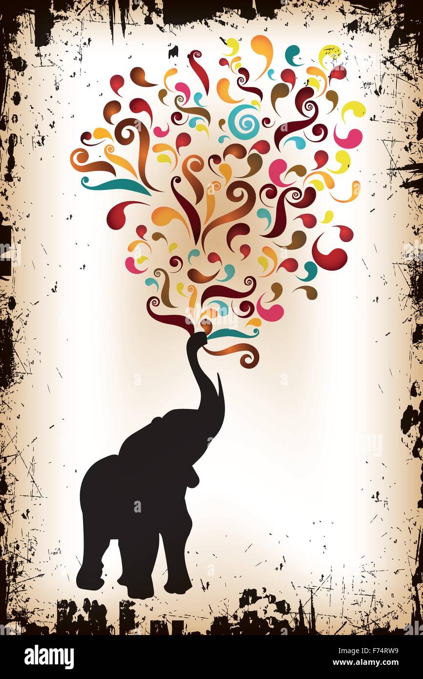 Black elephant shouts out colorful swirls on retro grunge background ...