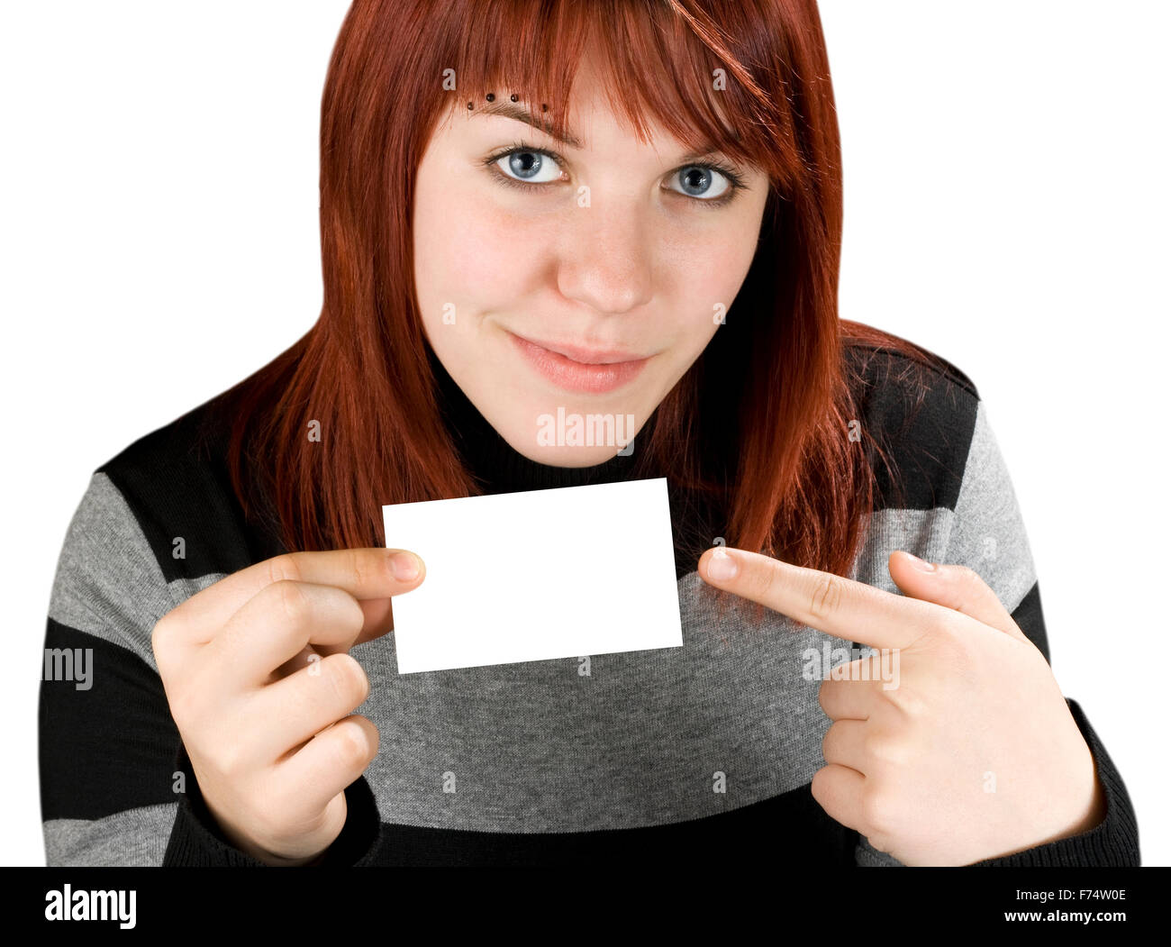 Girl pointing at a blank business card Stock Photo - Alamy