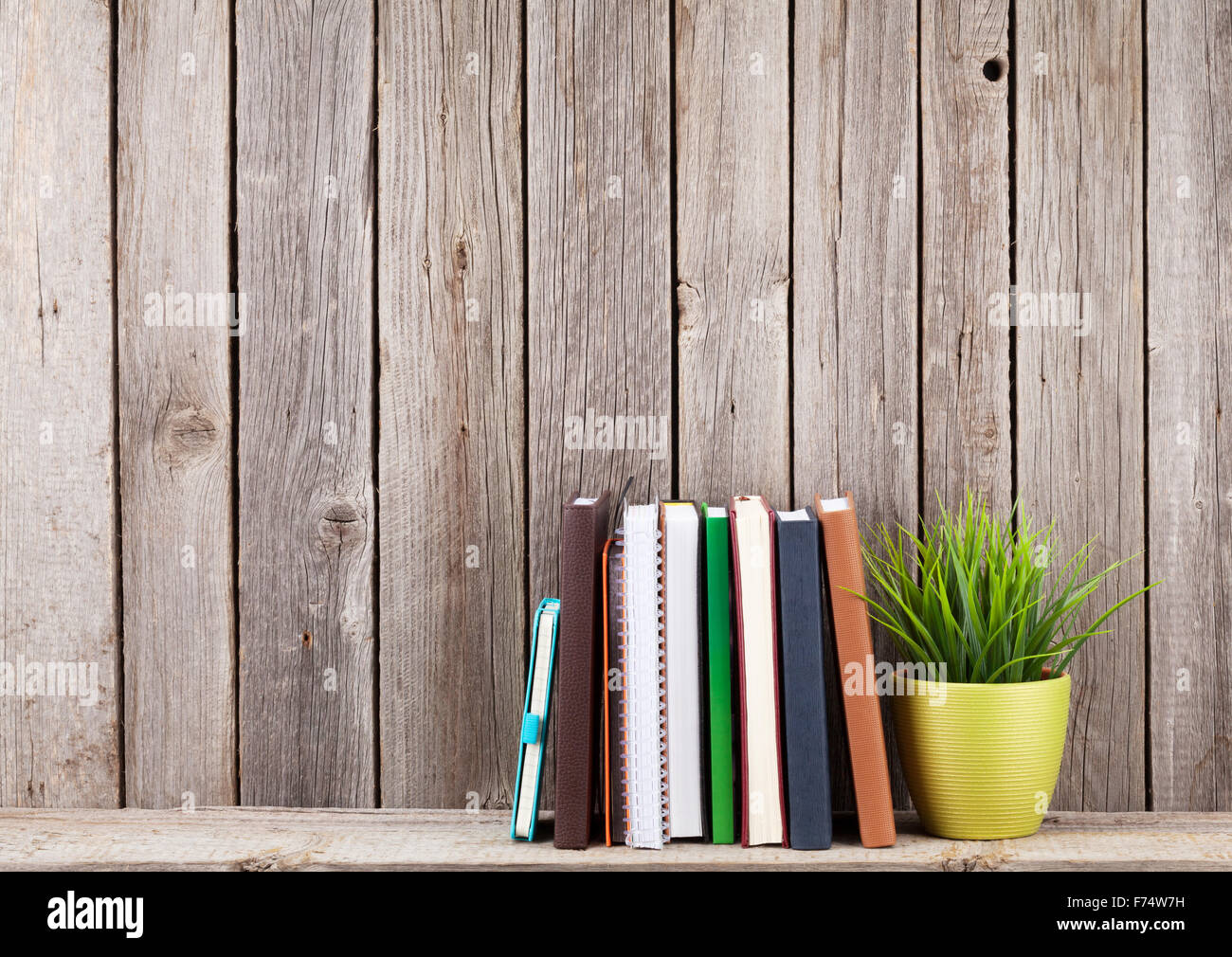 Wooden shelf with books in front of wooden wall. View with copy space ...