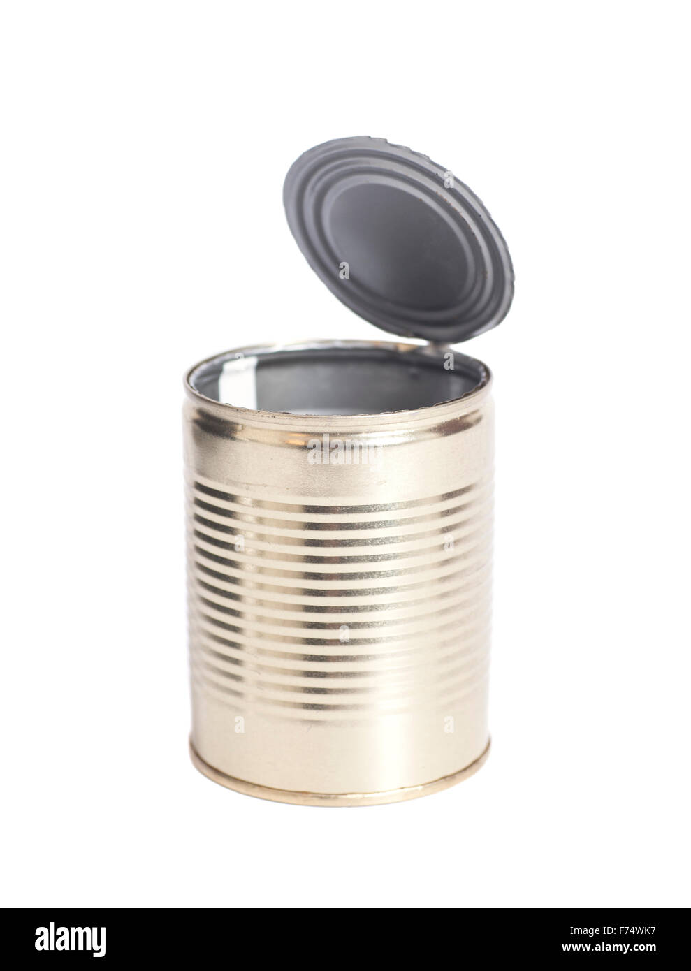 Open an empty tin can isolated on white background Stock Photo - Alamy