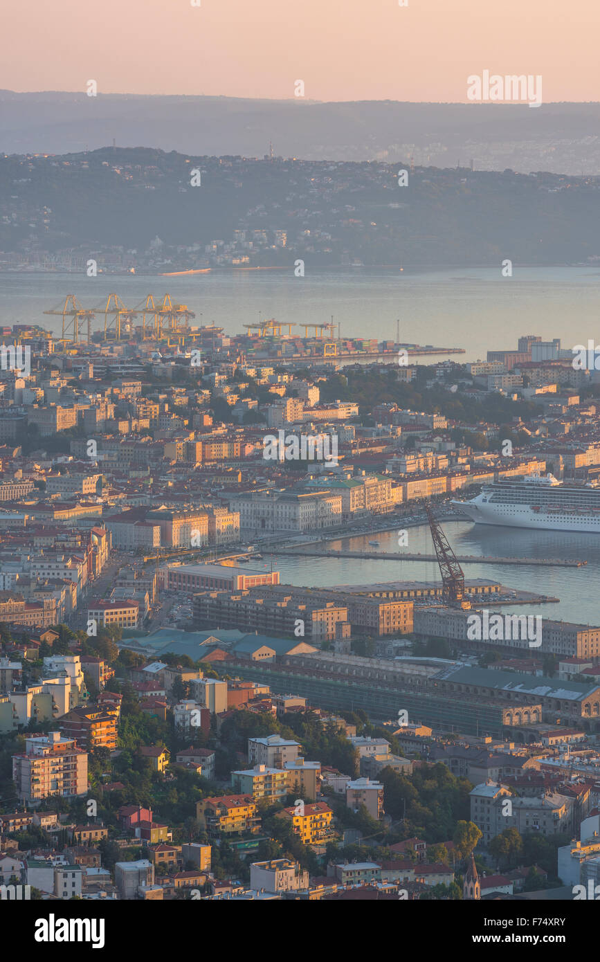 Trieste port, an aerial view of the city of Trieste at sunset, Italy ...