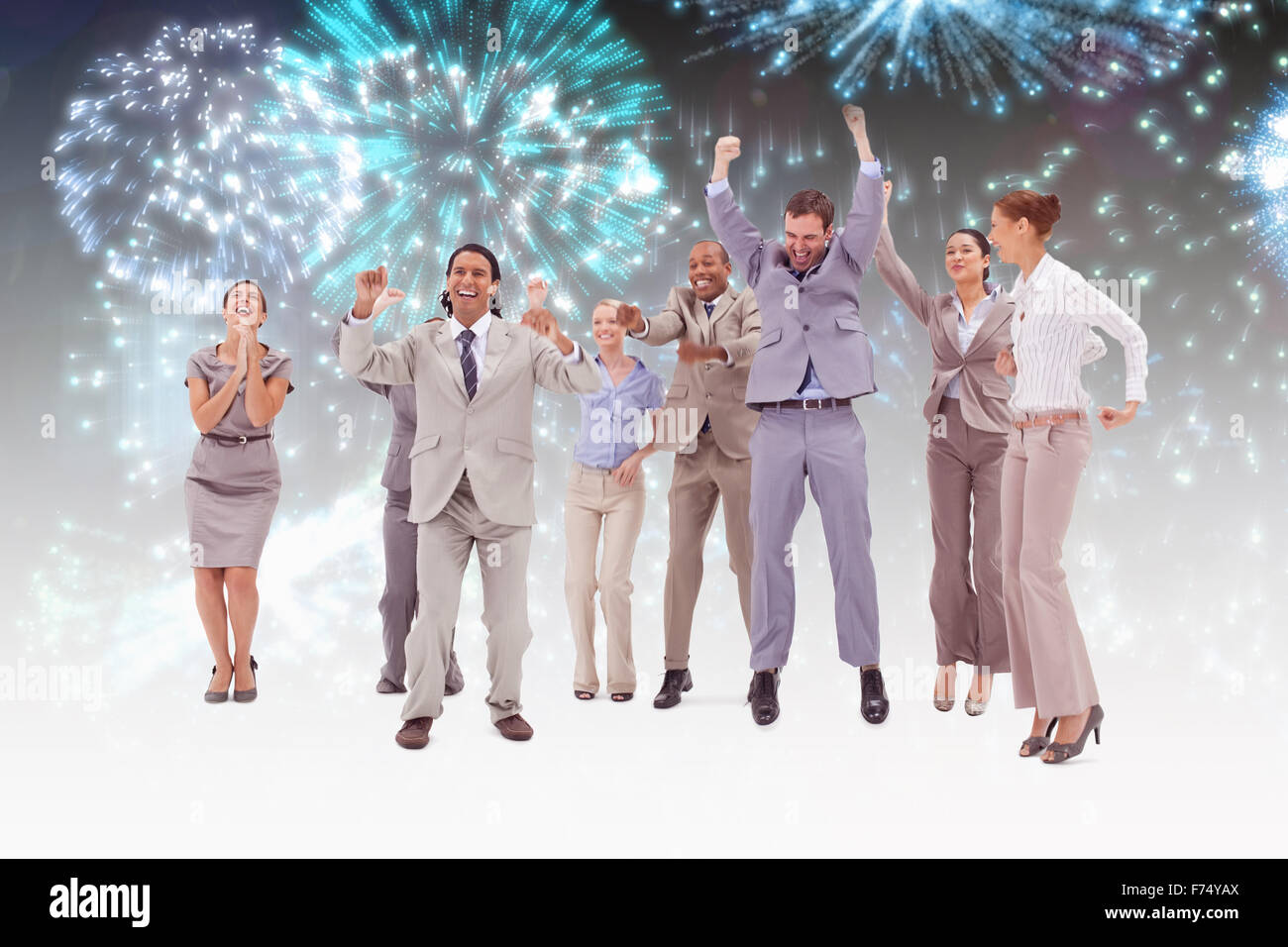 Composite image of very enthusiast people jumping and raising their ...