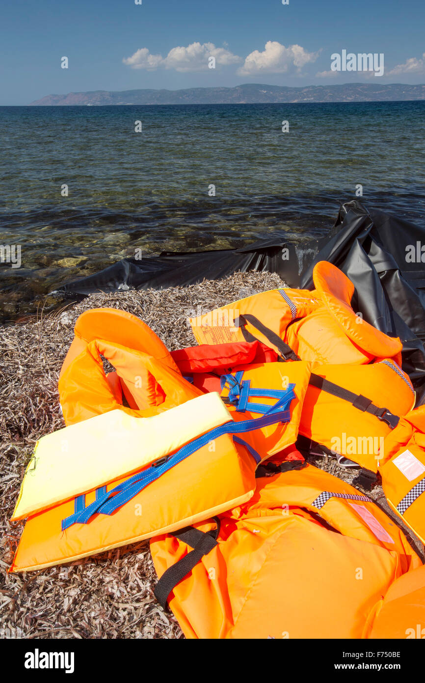 Life jackets and remains of boats left by Syrian migrants fleeing the ...