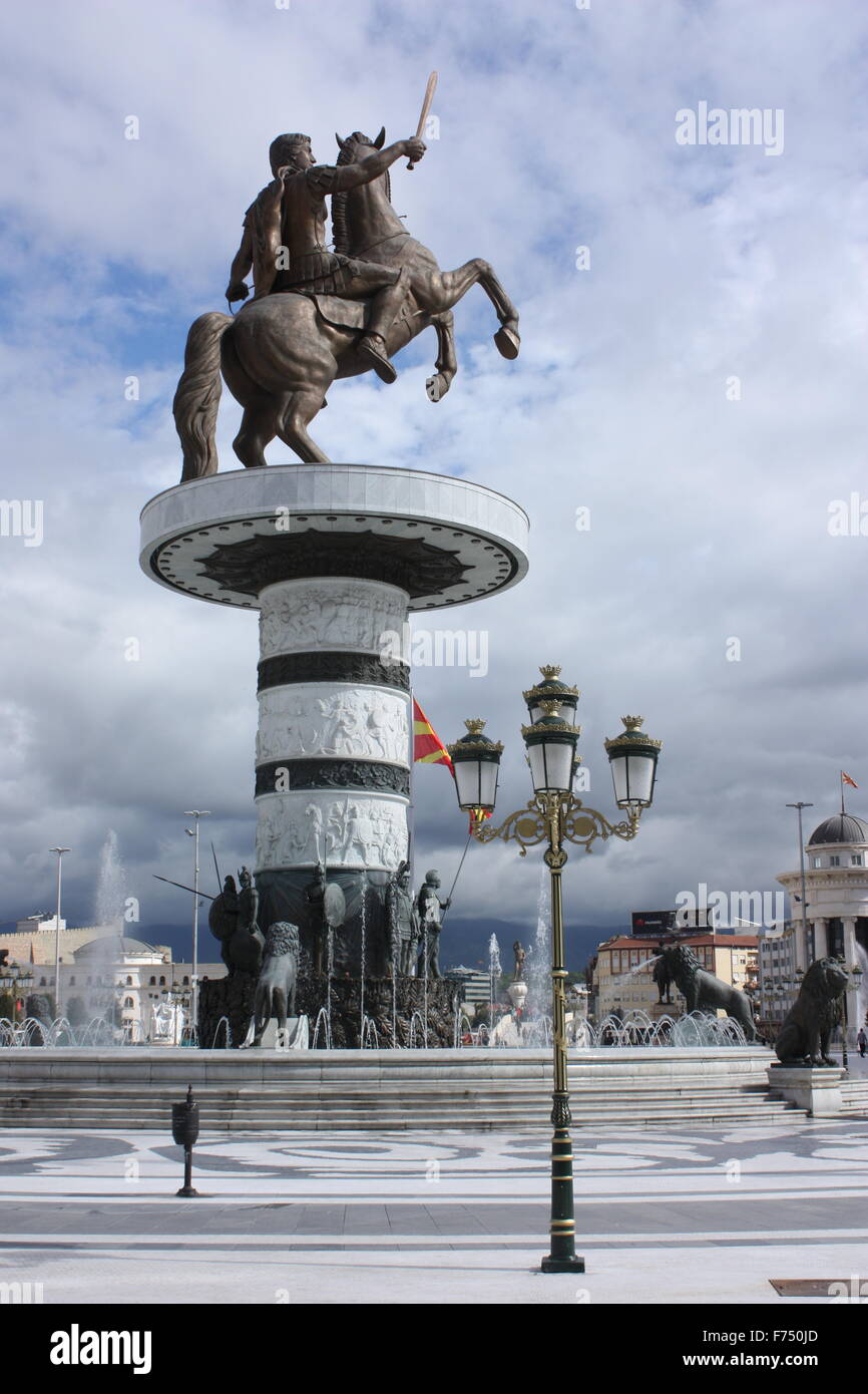 The Warrior on a Horse statue and fountain in Skopje, Macedonia Stock ...