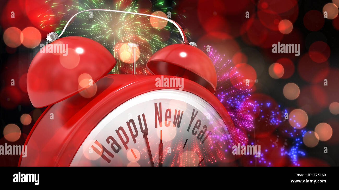 Composite image of happy new year in red alarm clock Stock Photo - Alamy