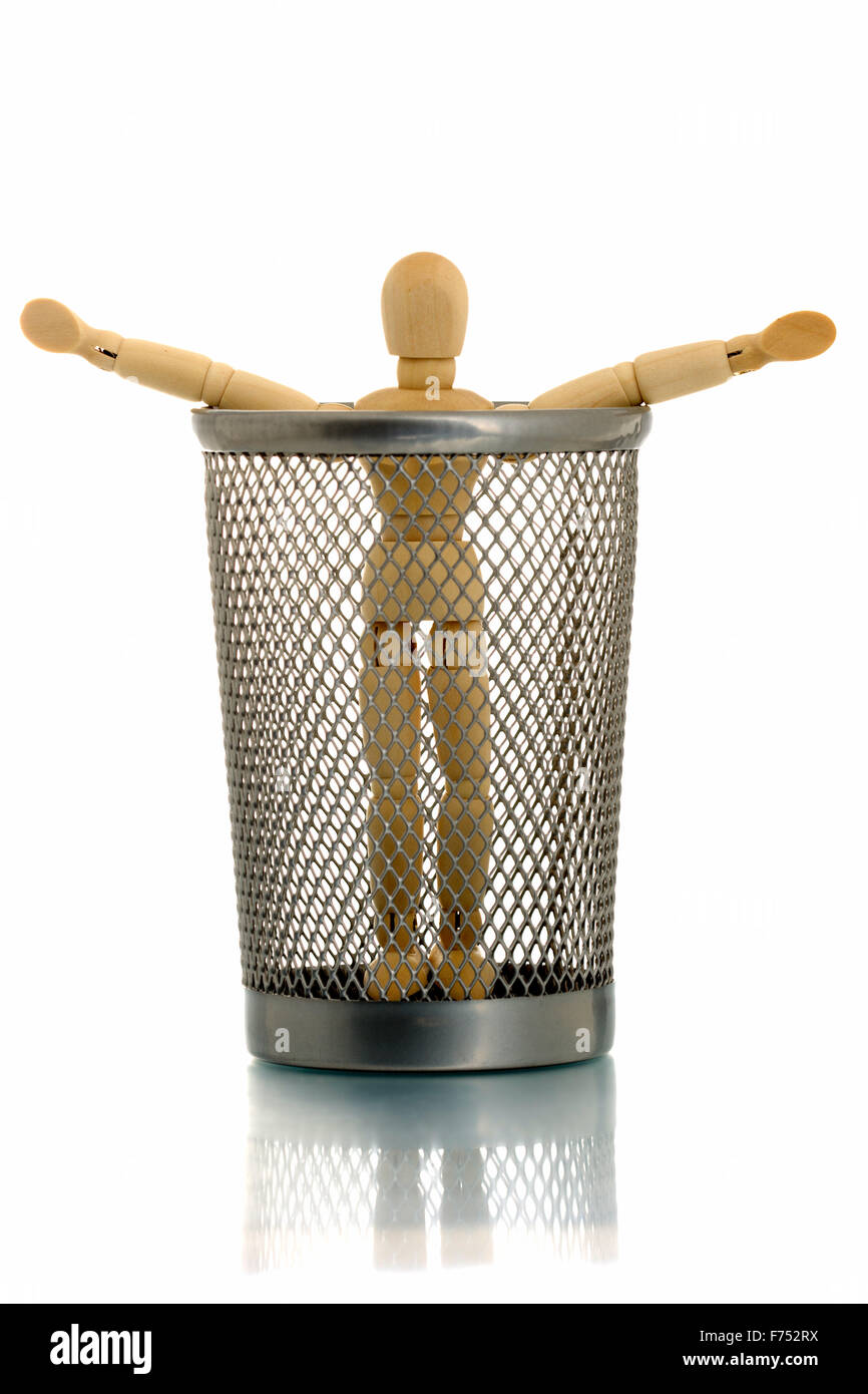 Mesh trash bin with manikin inside Stock Photo - Alamy