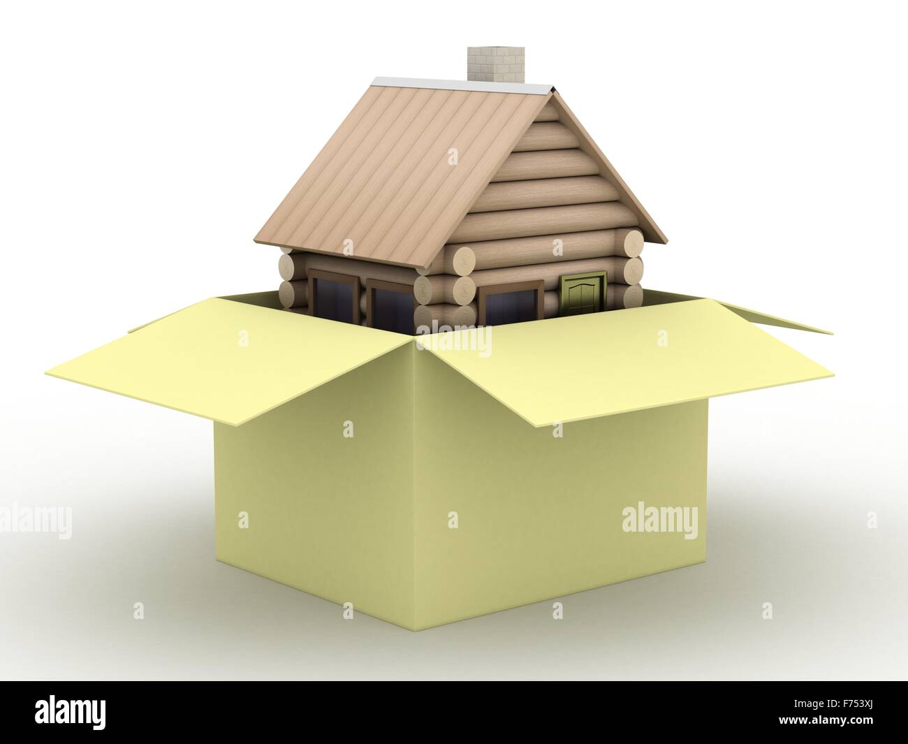 Wooden small house in a box. 3D image Stock Photo - Alamy