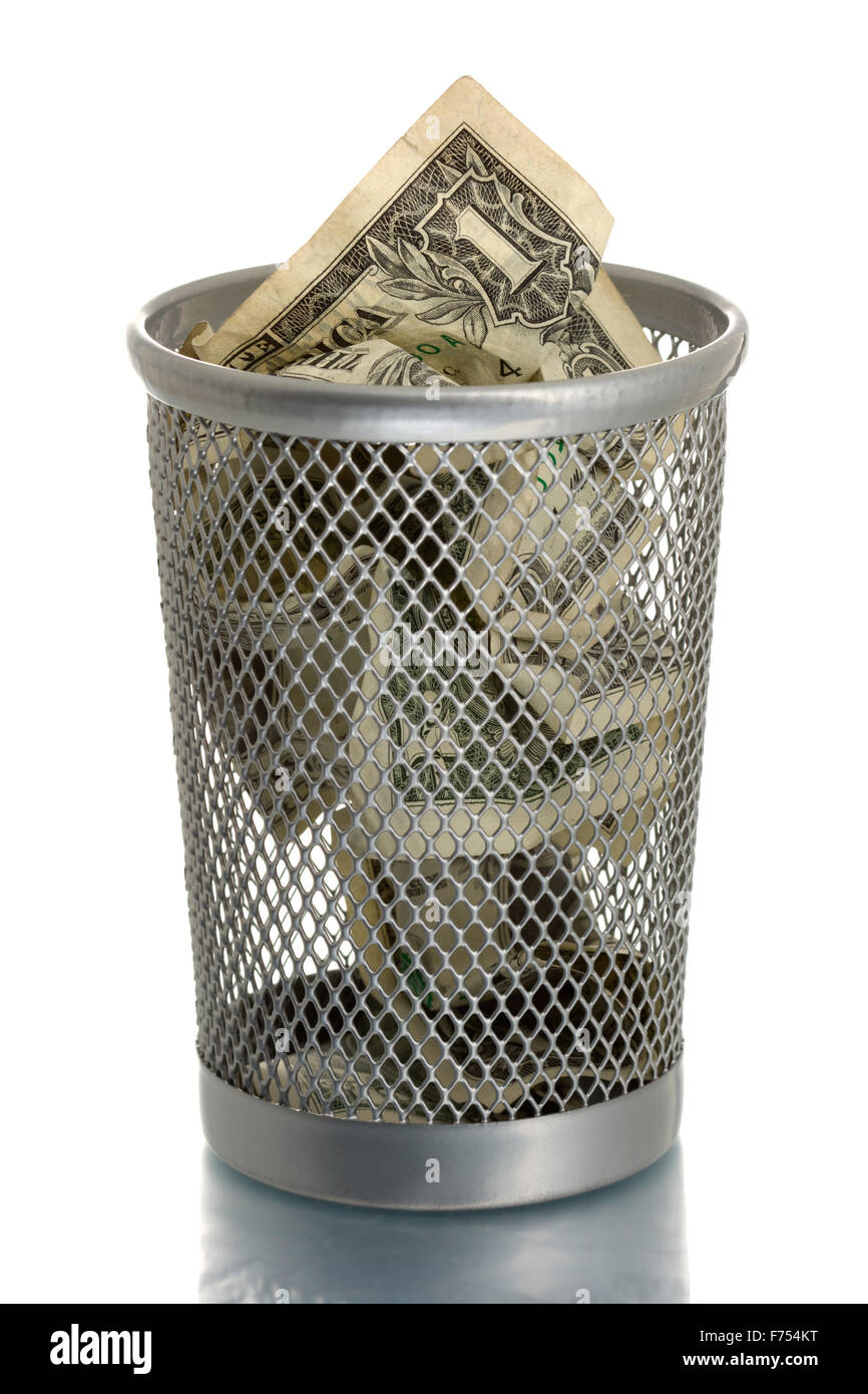 Mesh trash bin with dollar bill Stock Photo - Alamy