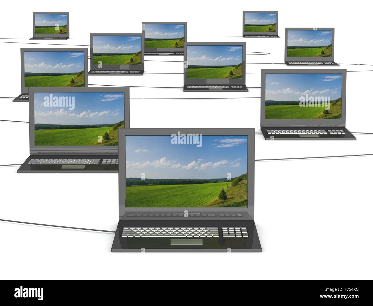 Conceptual image of a network from laptops. 3D illustrations Stock ...
