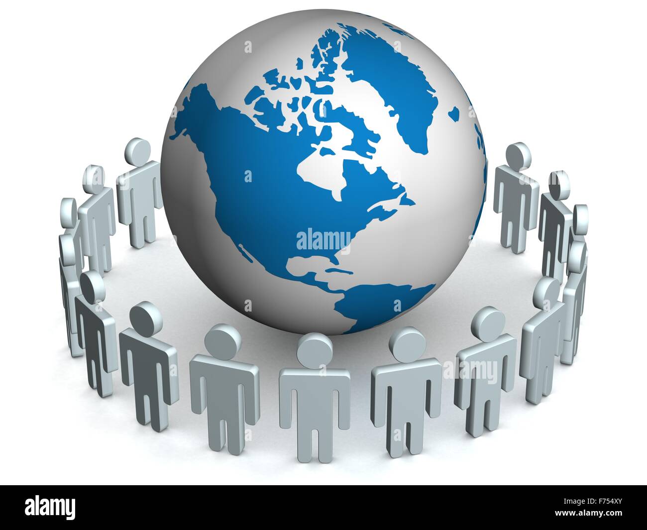 Group of people standing round globe. 3D image Stock Photo - Alamy