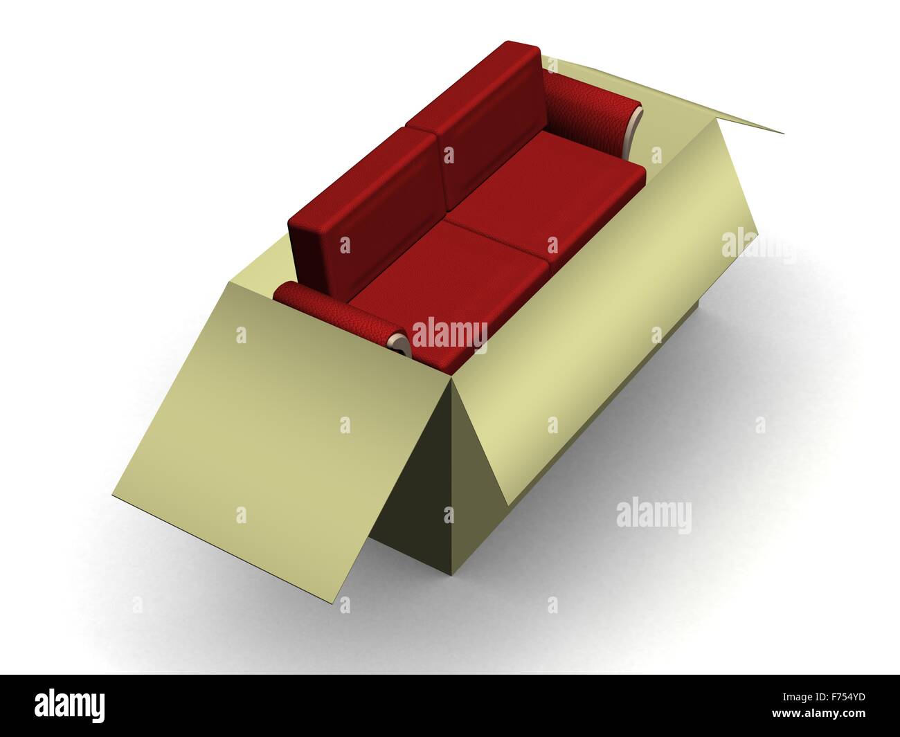Red leather sofa in a packing box. 3D image Stock Photo - Alamy