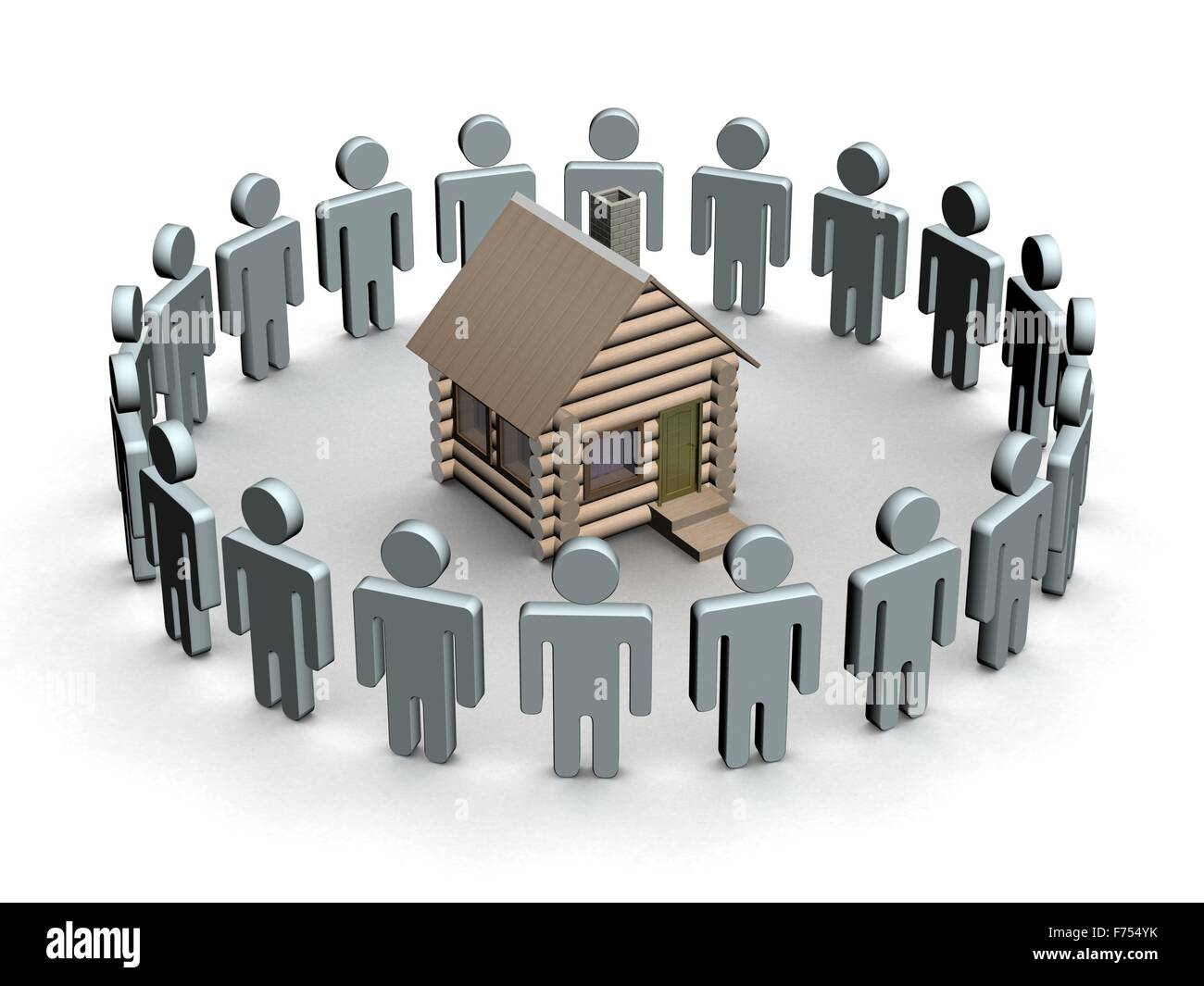 Group of people round a wooden small house. 3D image Stock Photo - Alamy