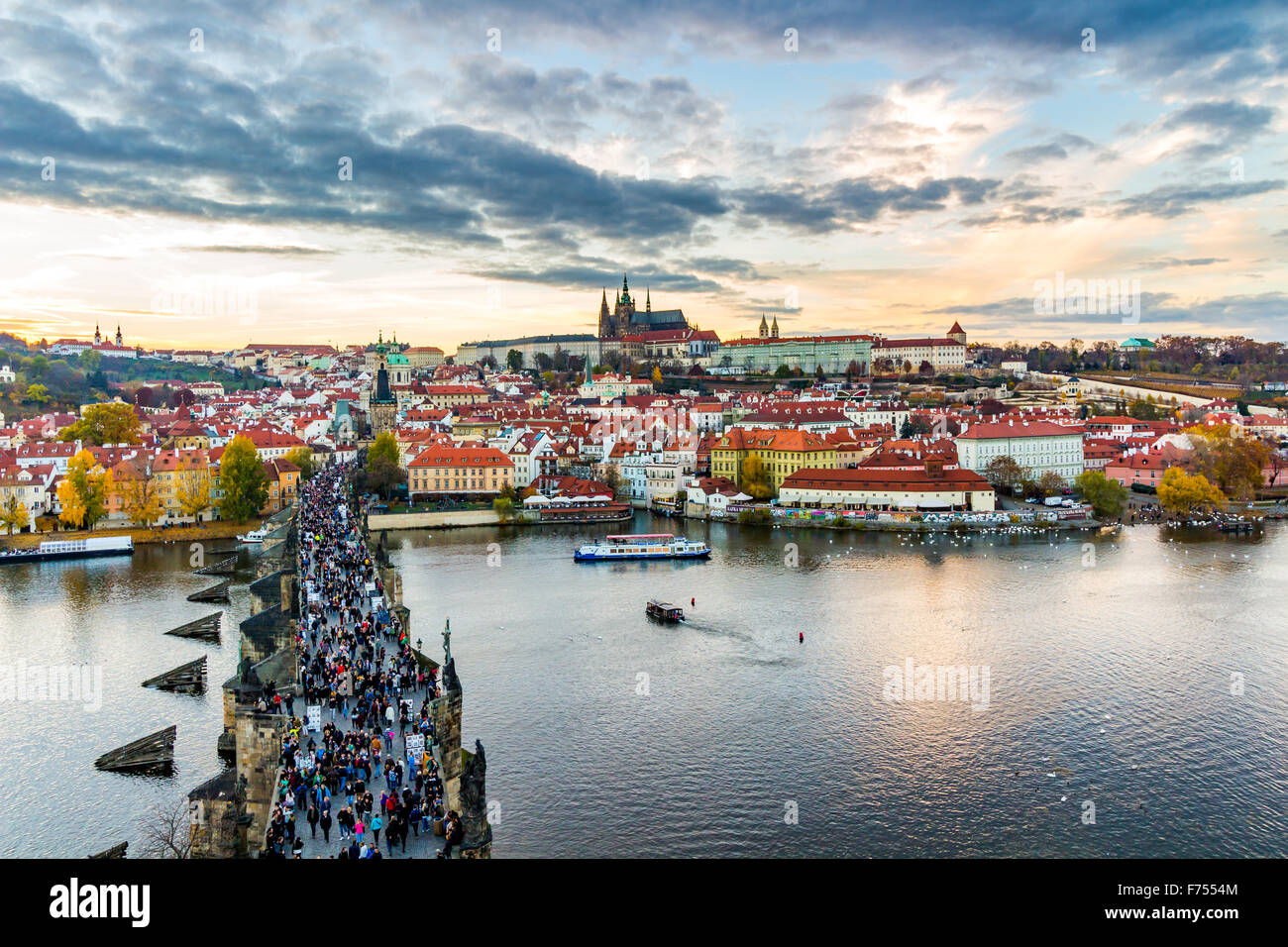 panorama of Prague with red roofs from above summer day at dusk, Czech ...
