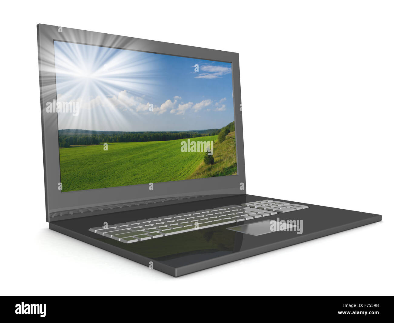 Open laptop with a landscape. 3D image Stock Photo - Alamy