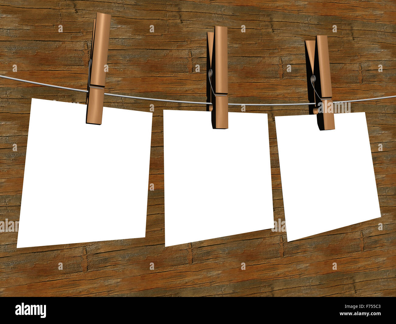 Three sheets of the paper, hanging on a cord. 3D image Stock Photo - Alamy