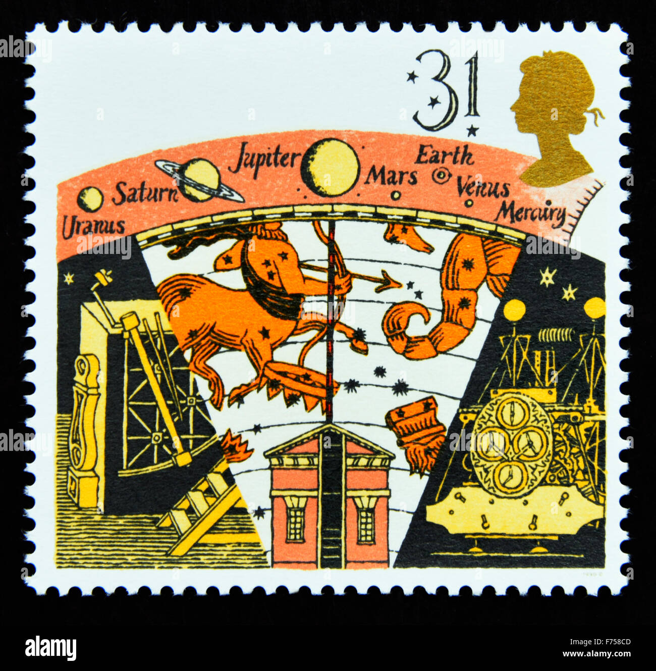 Postage stamp. Great Britain. Queen Elizabeth II. 1990. Astronomy. 37p ...