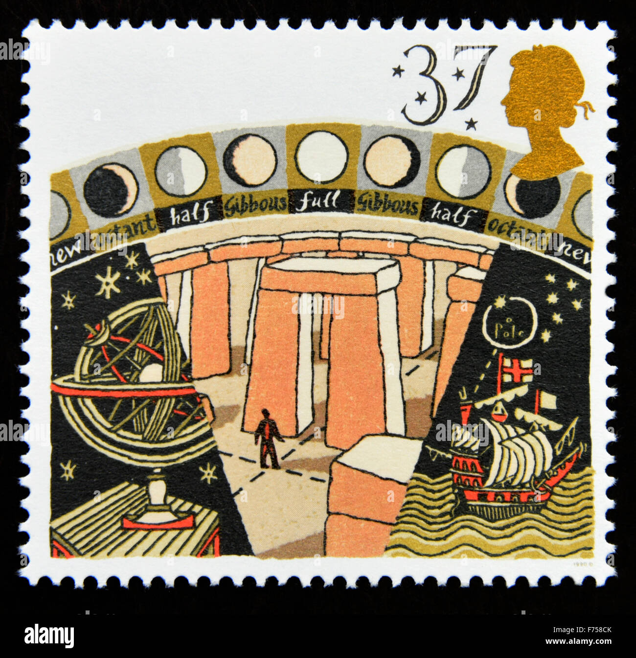 Postage stamp. Great Britain. Queen Elizabeth II. 1990. Astronomy. 37p ...