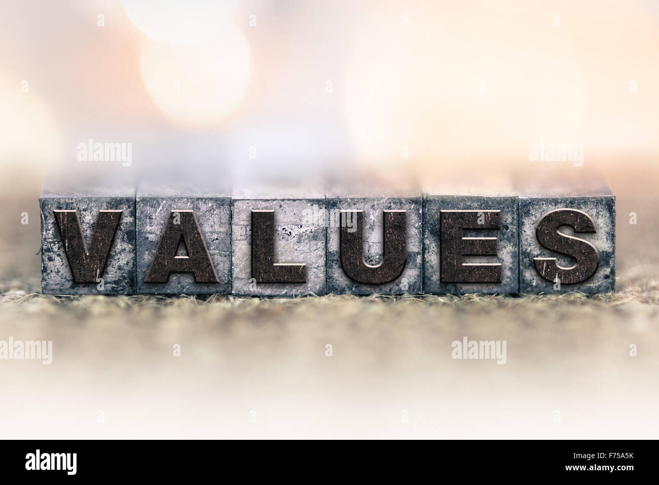 The word "VALUES" written in vintage ink stained letterpress type Stock ...