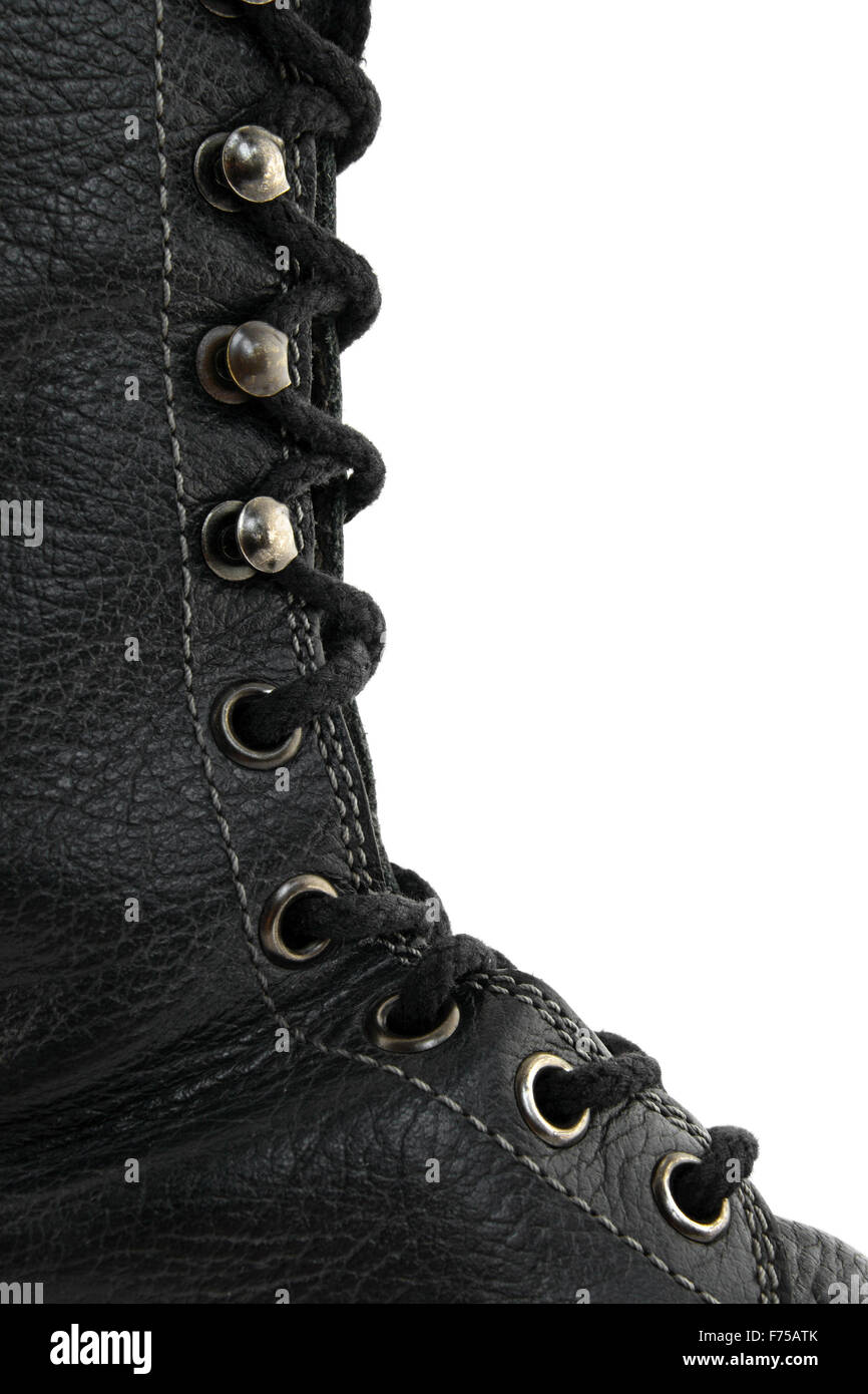 Closeup of black leather boot Stock Photo - Alamy