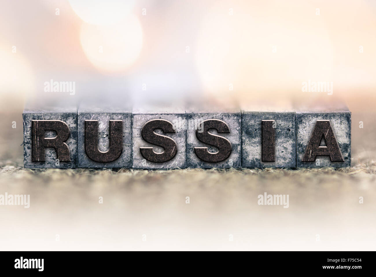 The word "RUSSIA" written in vintage ink stained letterpress type Stock ...