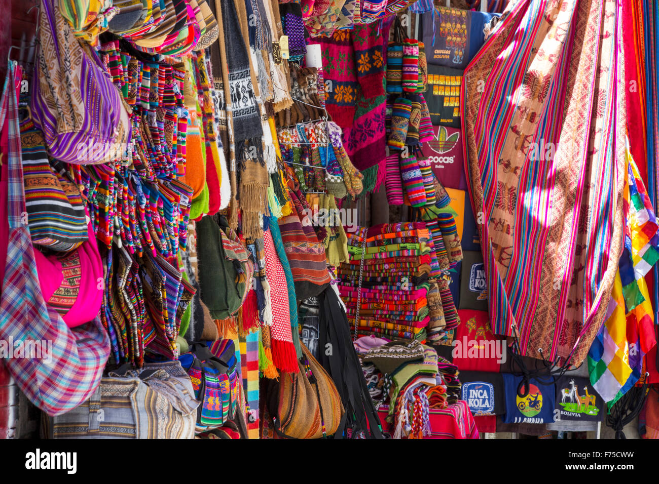 Colourful Bolivian fabrics for sale in La Paz, Bolivia, South America ...