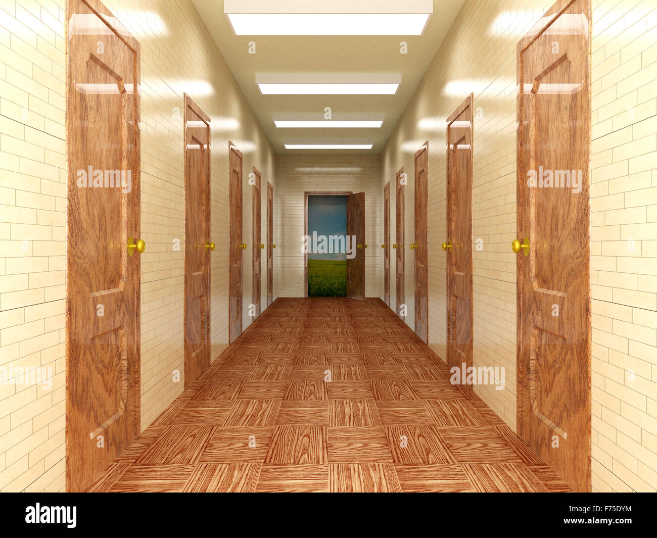 Corridor with a several of doors. 3D image Stock Photo - Alamy