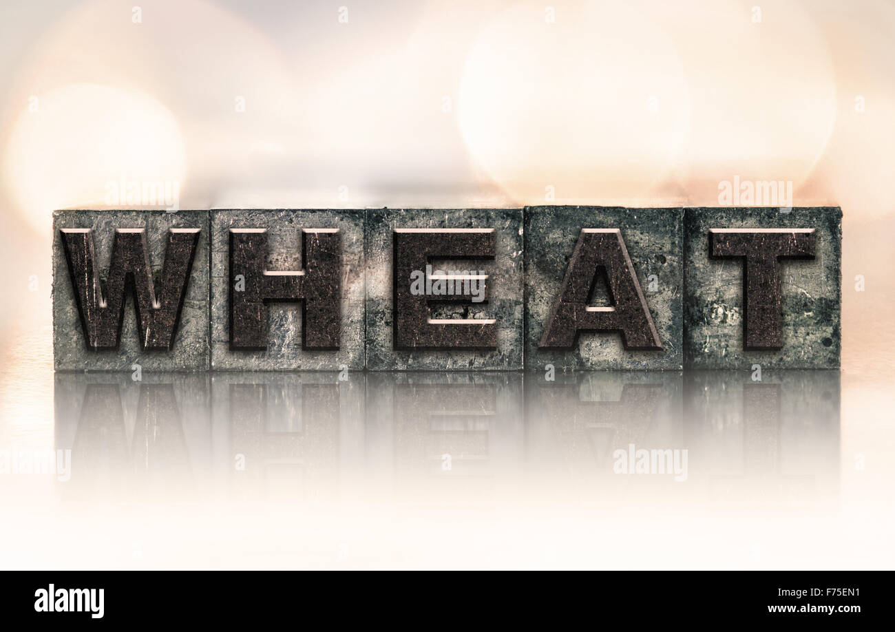 The word "WHEAT" written in vintage ink stained letterpress type Stock ...