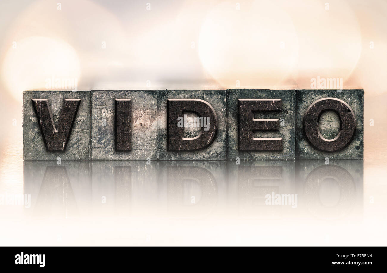 The word "VIDEO" written in vintage ink stained letterpress type Stock ...