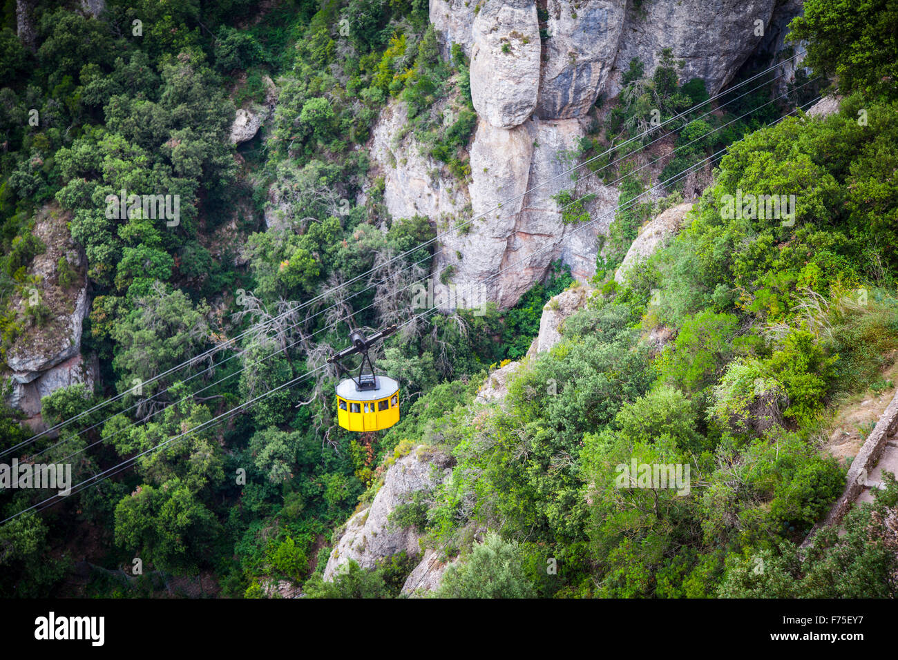 Yellow funicular in Montserrat Monastery in the mountains near ...